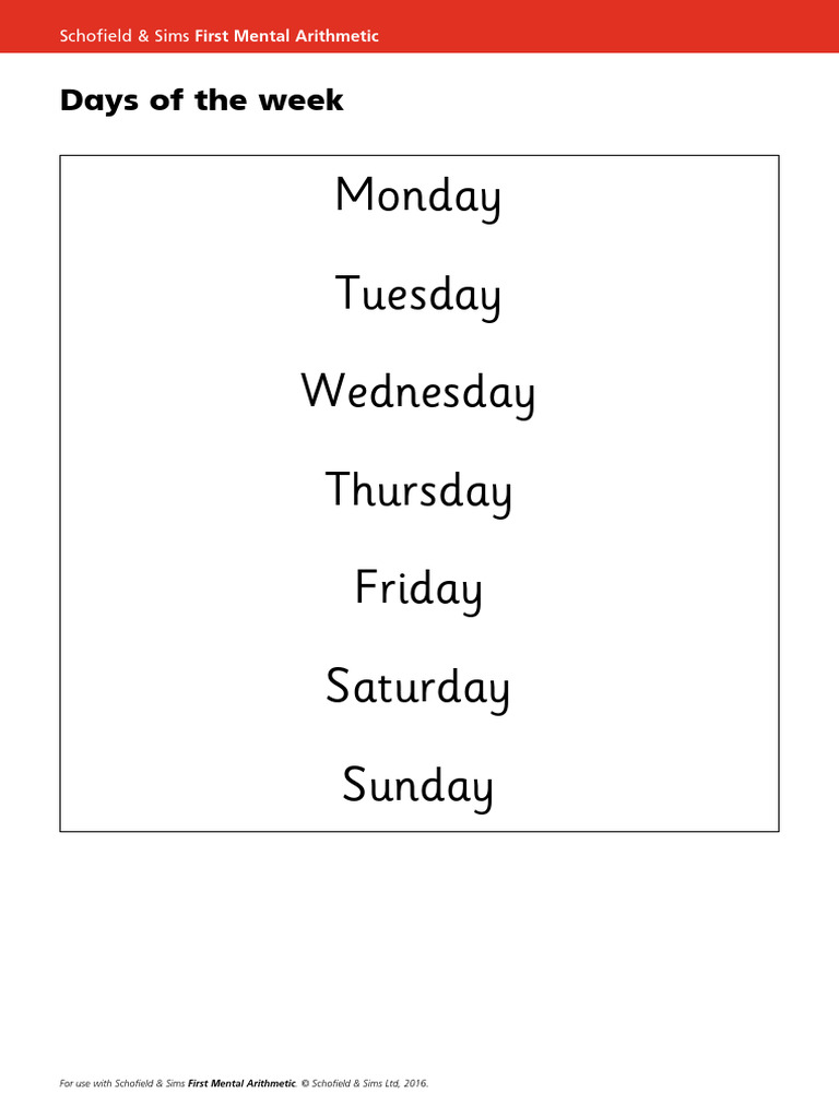 First Mental Arithmetic Maths Facts Days of The Week | PDF