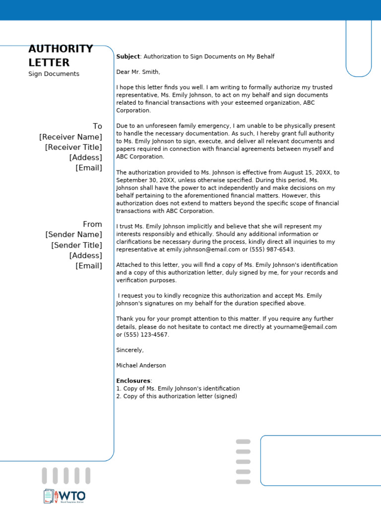 Sample Authorization Letter to Sign Documents on My Behalf | PDF