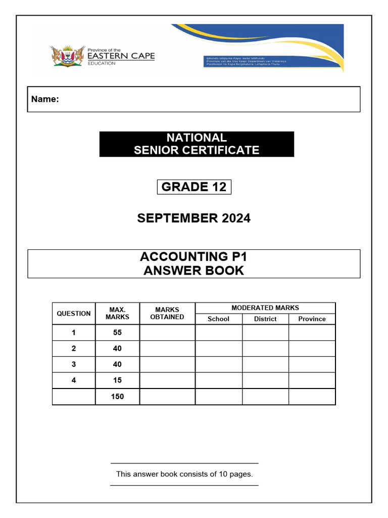 ACCOUNTING P1 GR12 ANSWER BOOK SEPT2024 - English | PDF