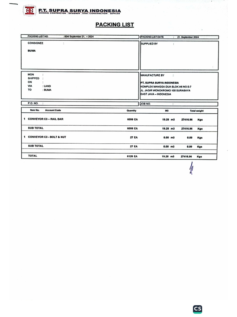 Packing List Rail Tripper SSi 22sept2024 | PDF