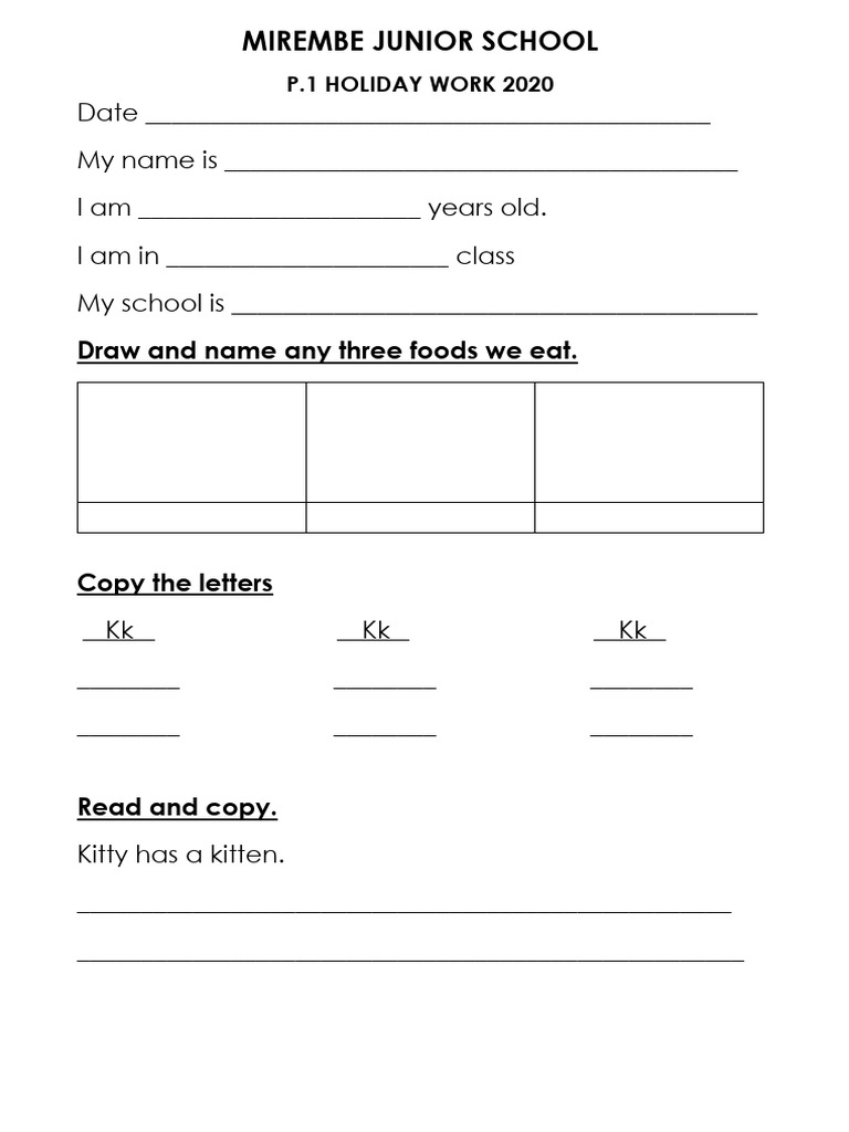 P1 Holiday Work Mirembe Junior School | PDF