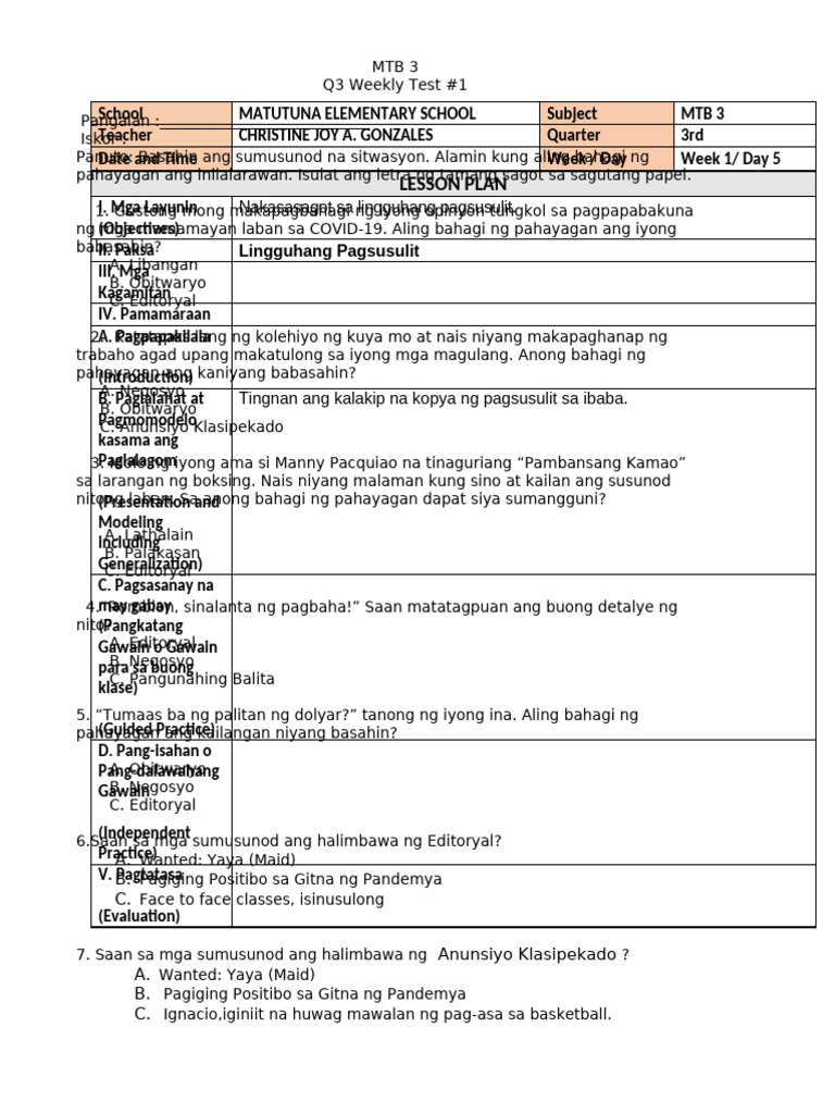 MTB WEEKLY Test Week 1 | PDF