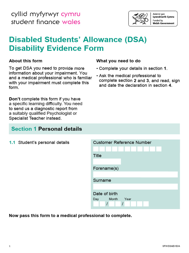 SFW - Dsa - Disability - Evidence - Form - 2122 - e - o 2 | PDF | Health Professional | Career ...