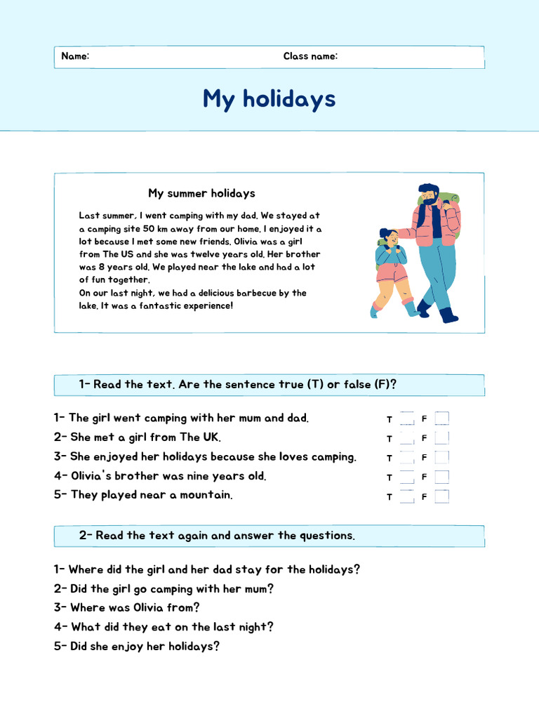 Blue and White Illustrative Reading Comprehension My Holidays Worksheet ...