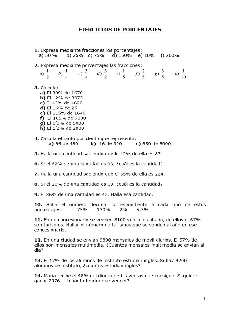 Ejercicios de Porcentajes | PDF