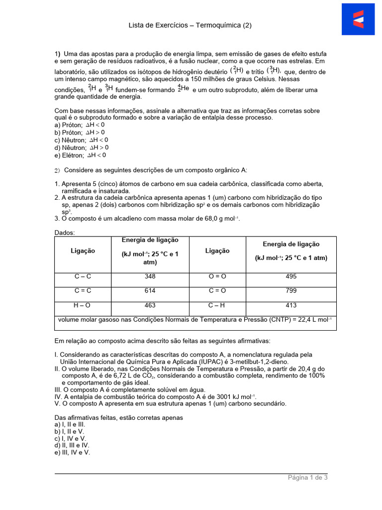 Lista de Exercícios - Termoquímica | PDF