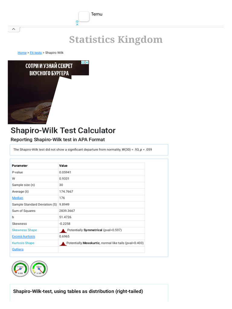 Shapiro-Wilk Test Calculator - Normality Calculator, Q-Q Plot | PDF