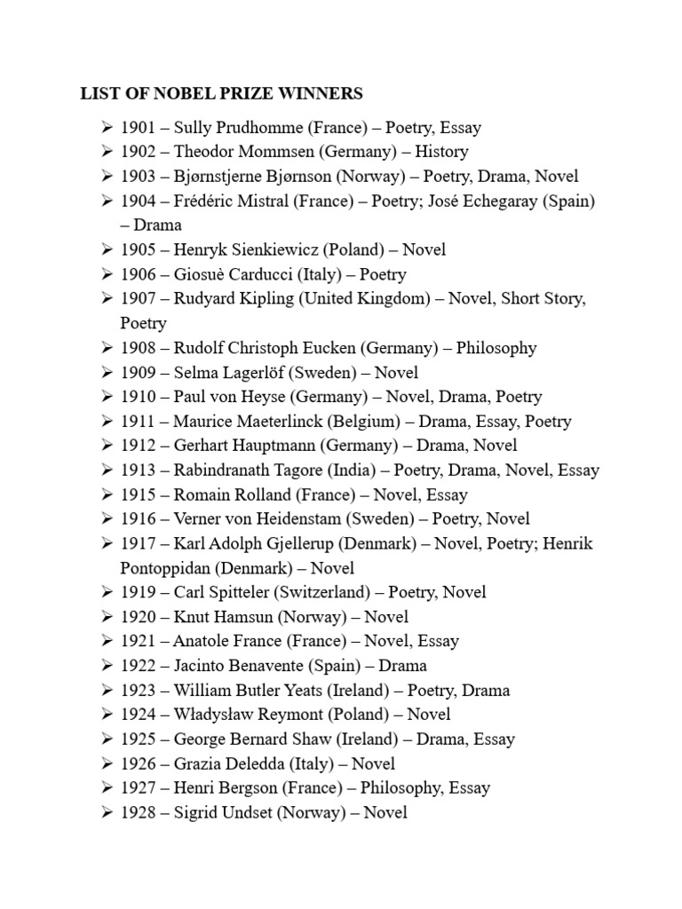 List of Nobel Prize Winners | PDF