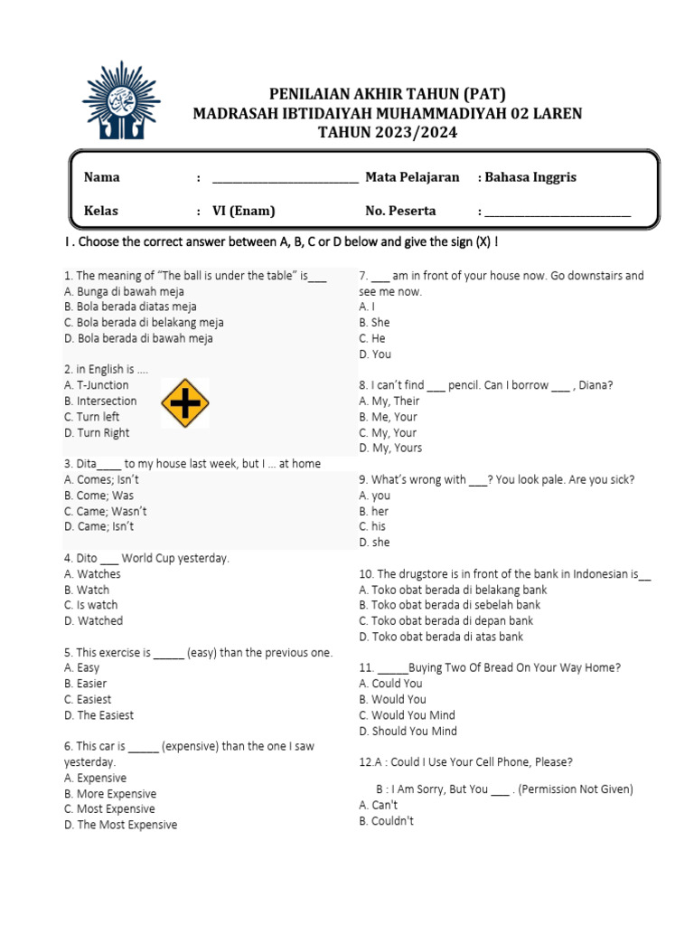 Soal Pat BHS Inggris Kelas 6 Semester Genap 2024 | PDF