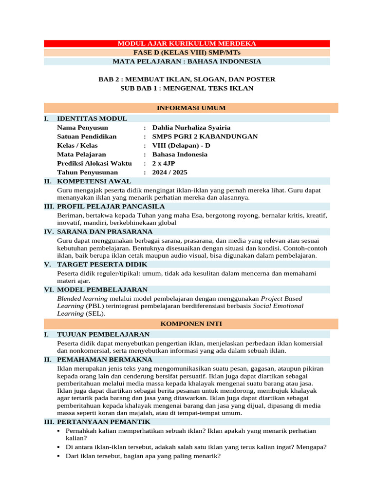 Modul Ajar B. Indo Kls 8 Bab 2 | PDF