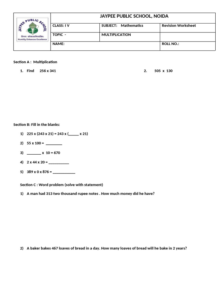 Class 4 Multiplication Revision Worksheet | PDF