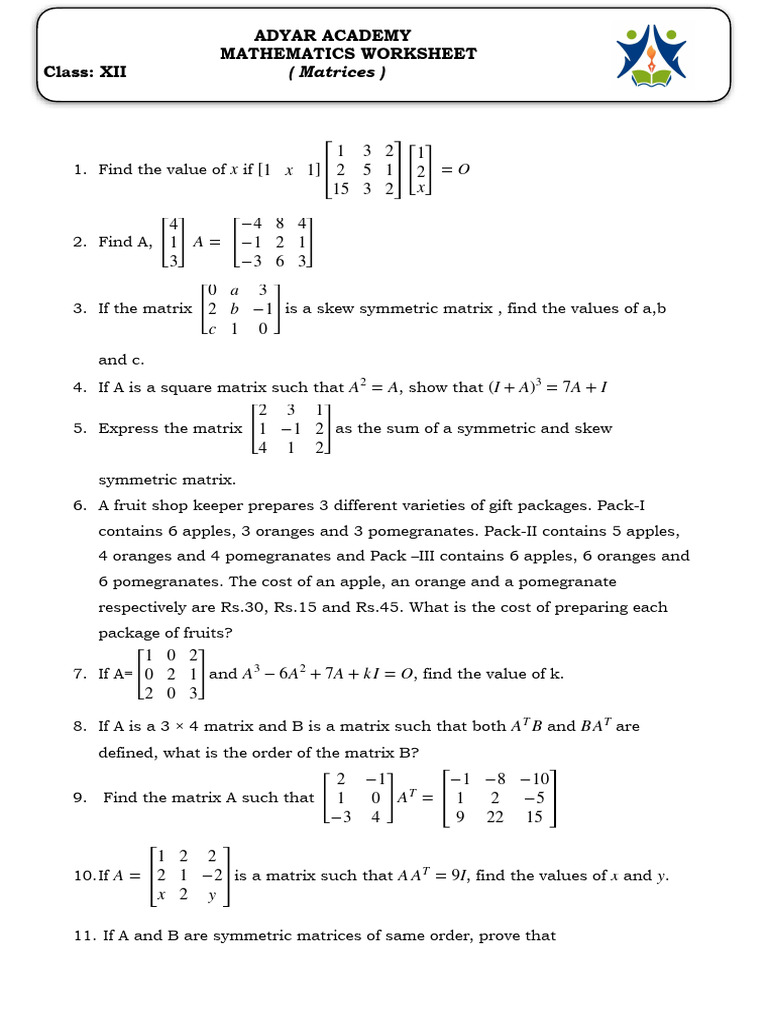 Matricesworksheet | PDF