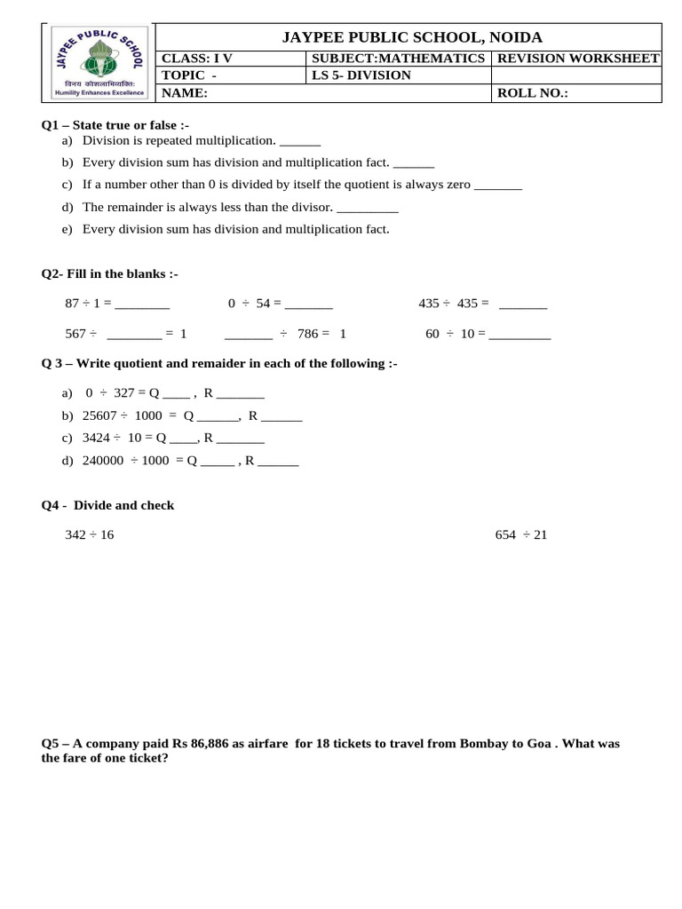 division worksheet class 4 | PDF