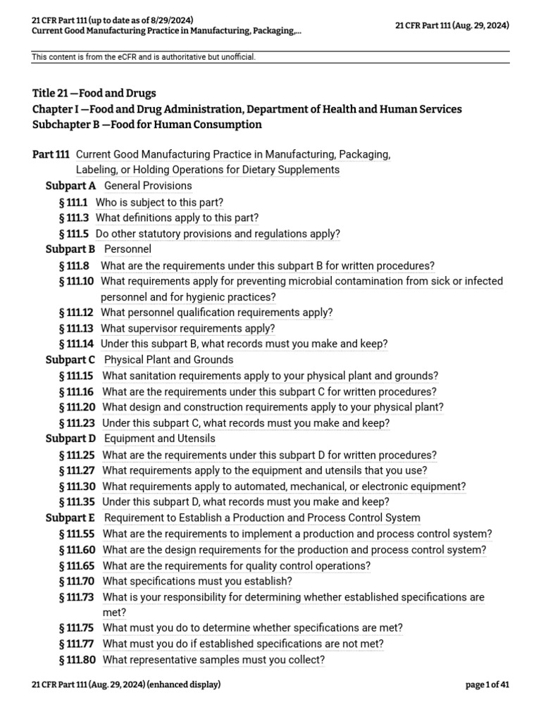 21 CFR Part 111 (Up To Date As of 8-29-2024) | PDF