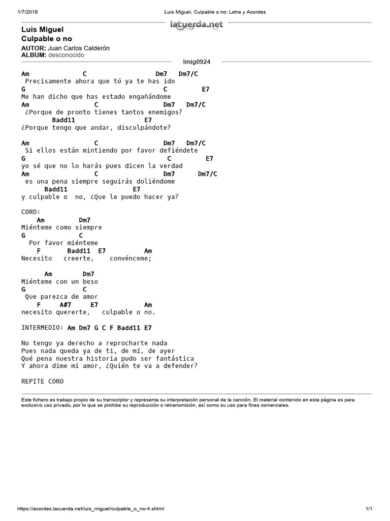 Luis Miguel, Culpable o No - Letra y Acordes | PDF