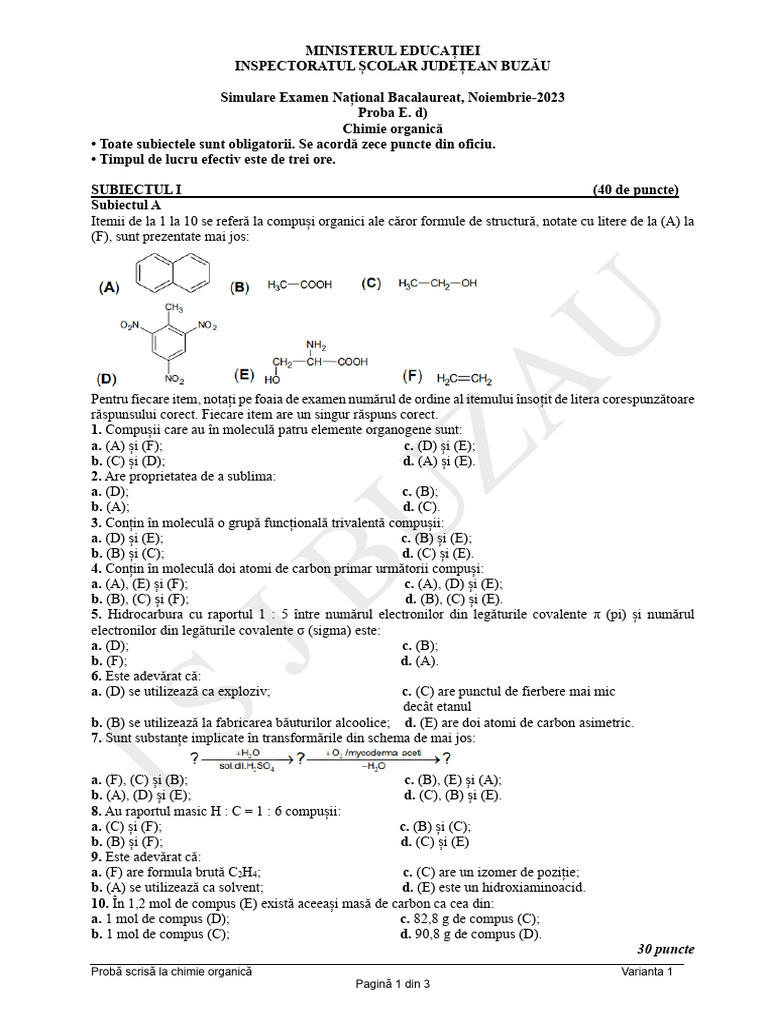 Subiect - Varianta 1 - Chimie Organica | PDF