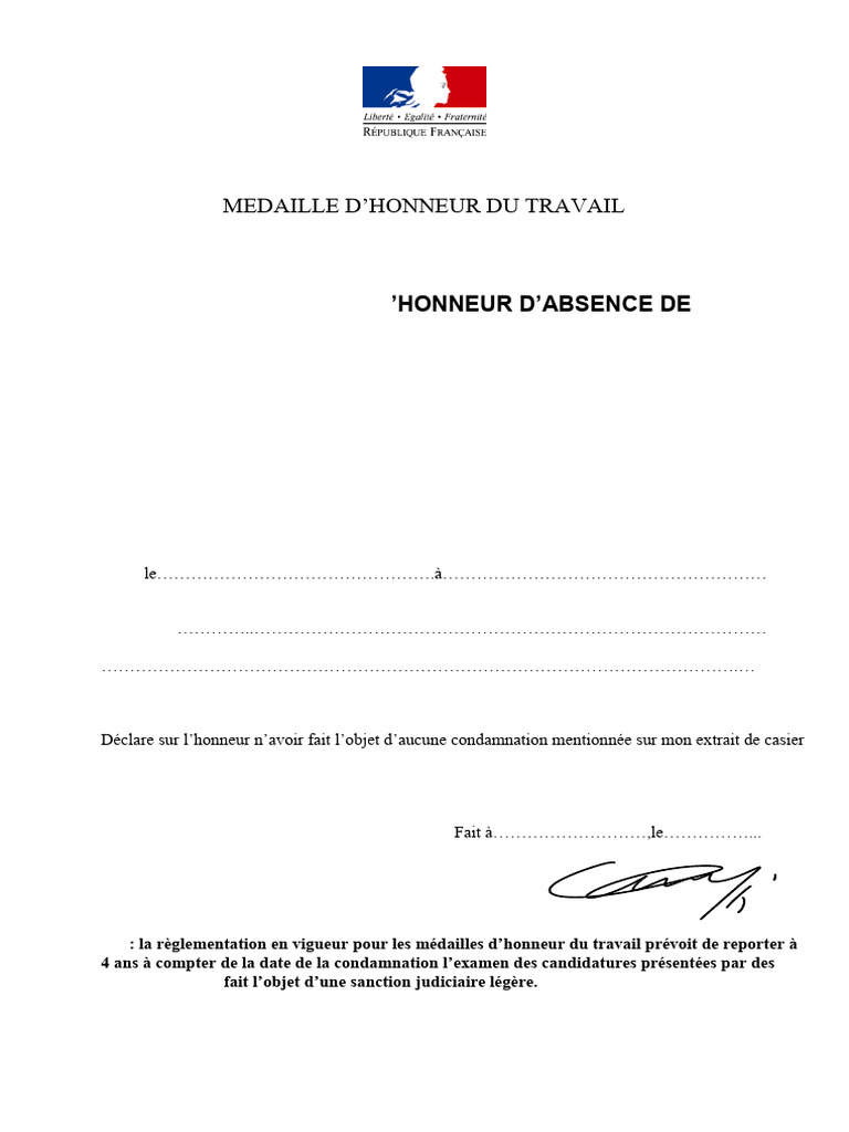 Attestation Sur L Honneur D Absence de Condamnation | PDF