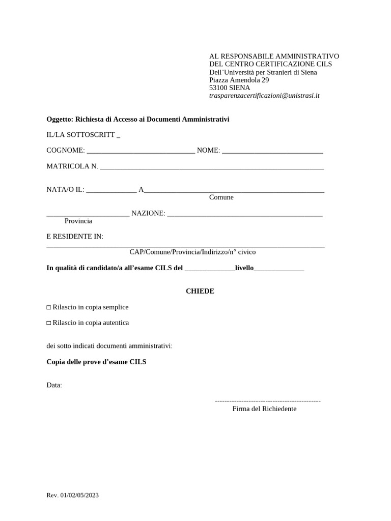 Modulo Per La Richiesta Di Accesso Ai Documenti | PDF