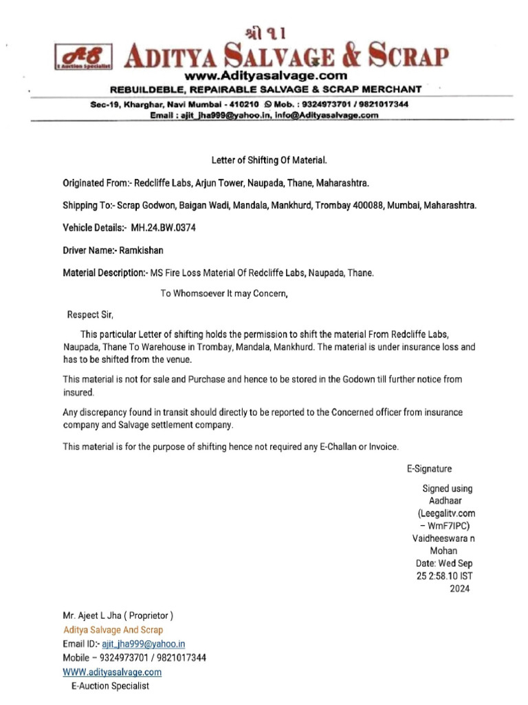 Letter of Shifting Aditya Salvage and Scrap For Redcliffe Labs Arjun ...