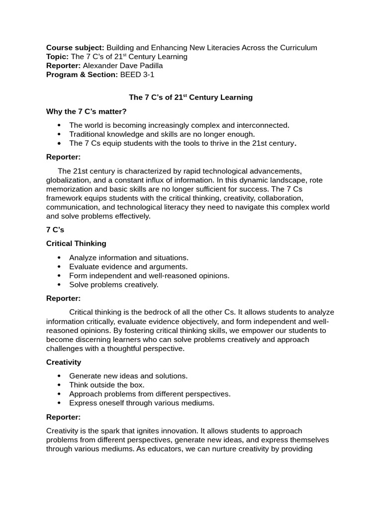 7 C's of 21st Century Learning Report | PDF