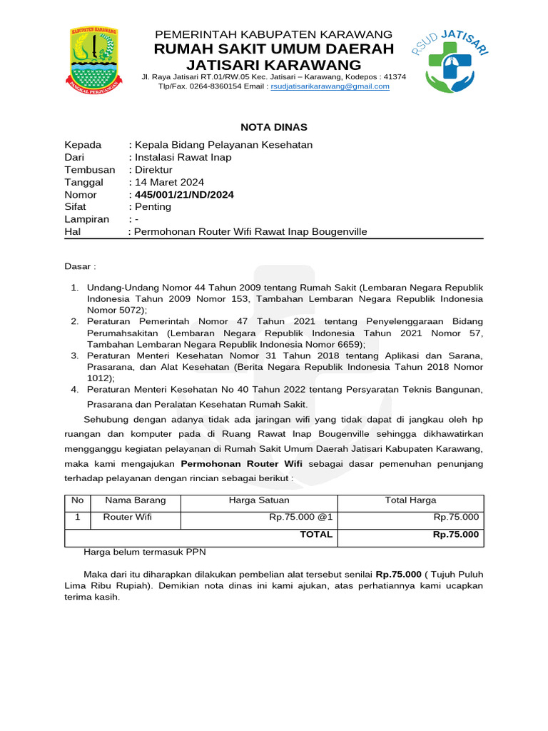 Contoh Nota Dinas Permohonan Apar | PDF