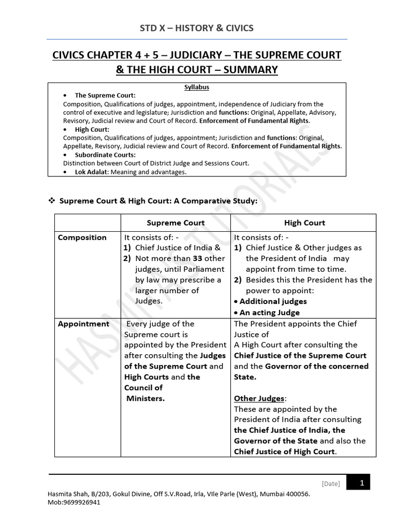 Civics Chap 4 + 5 - Supreme Court & High Court - Summary | PDF