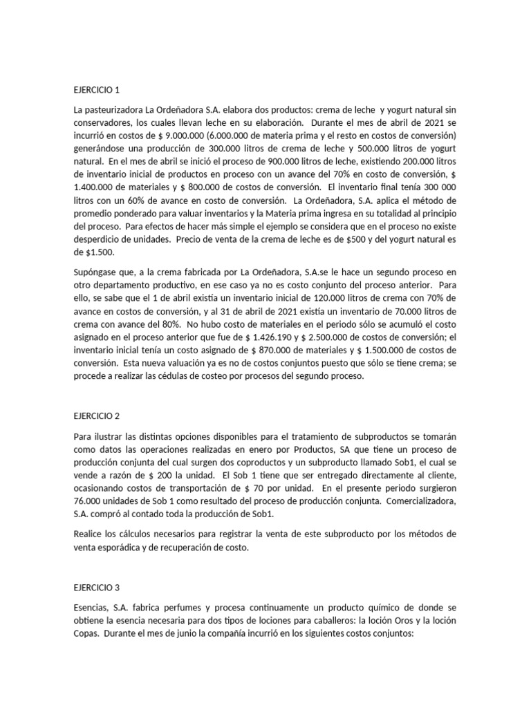 EJERCICIOS COSTOS CONJUNTOS | PDF