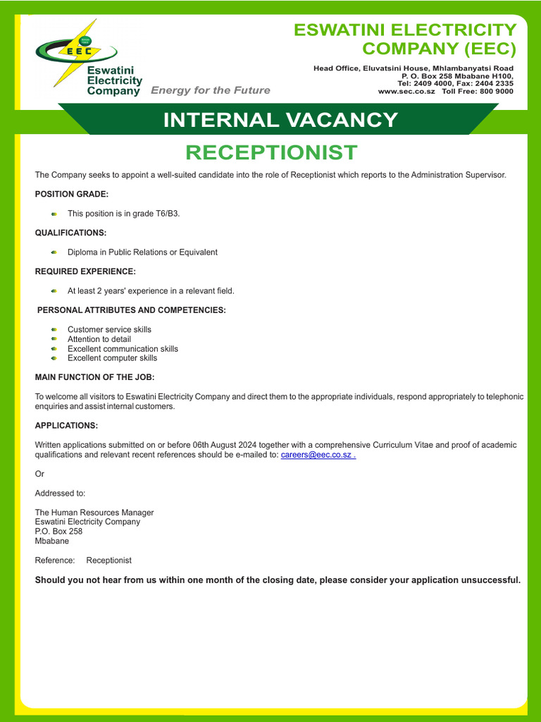 Internal Vacancy - Receptionist | PDF
