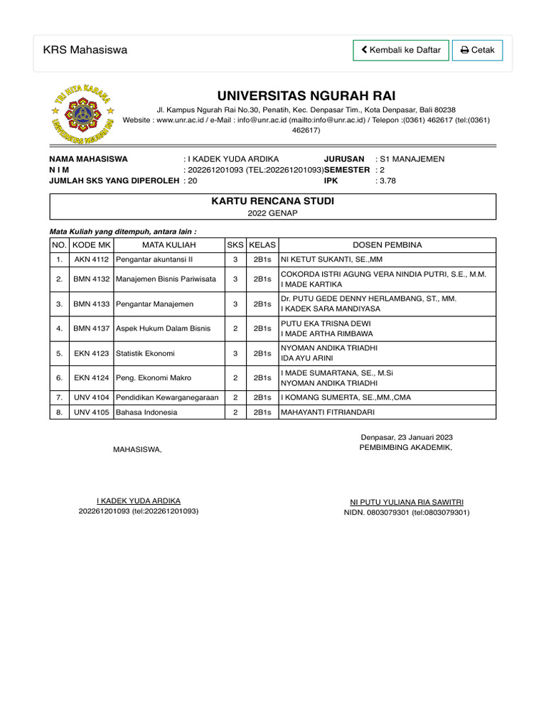 KRS Mahasiswa Semester 2 | PDF