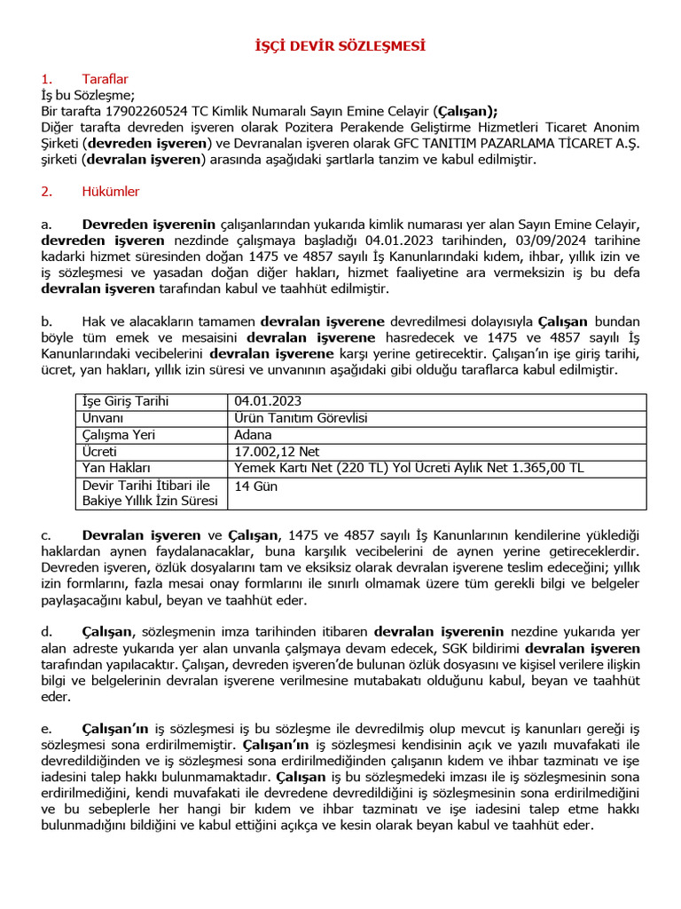 Ek2-Devir Sözleşmesi v2 - Emine Celayir | PDF