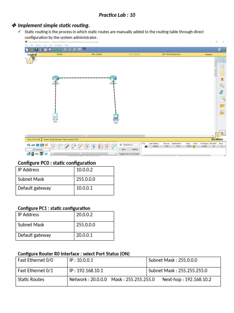 Practice Lab: 10 Implement Simple Static Routing.: Configure PC0: Static Configuration | PDF