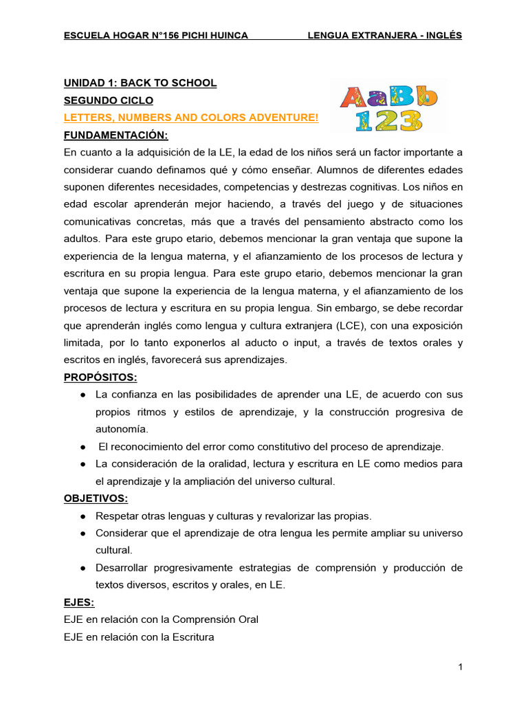 Unidad 1 BACK TO SCHOOL Letters, Numbers and Colors Adventure - 2 Ciclo ...