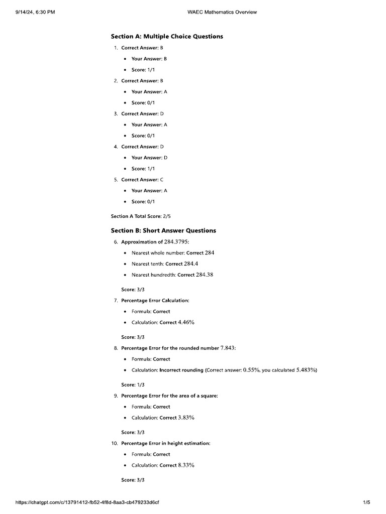 WAEC Mathematics Approximation, Estimation, and Percentage Error SCORES AND CORRECTION | PDF