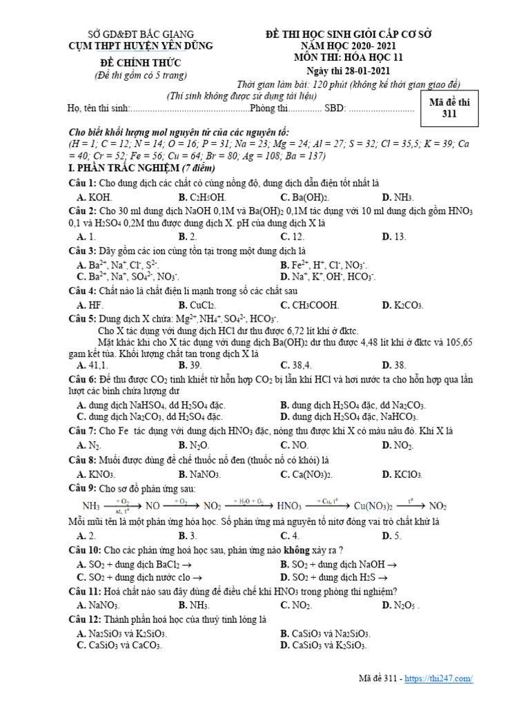 De Hoc Sinh Gioi Hoa Hoc 11 Nam 2020 2021 Cum THPT Huyen Yen Dung Bac Giang | PDF