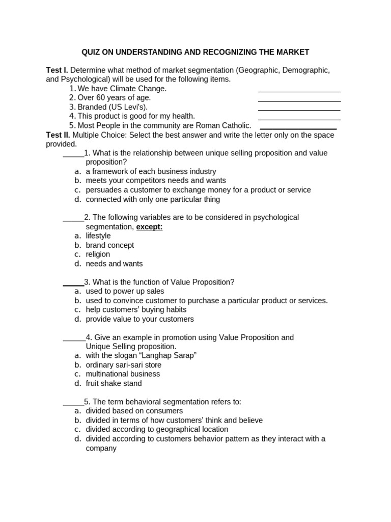Quiz On Understanding and Recognizing The Market | PDF