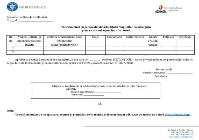 Tabel Plata Cu Ora Sub Jumatate de Norma 2024 2025 Editabil | PDF