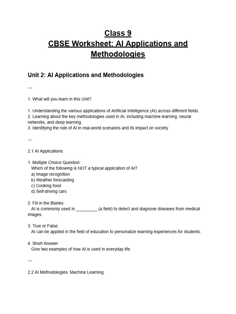 Class 9 CBSE Worksheet - AI Applications and Methodologies | PDF ...
