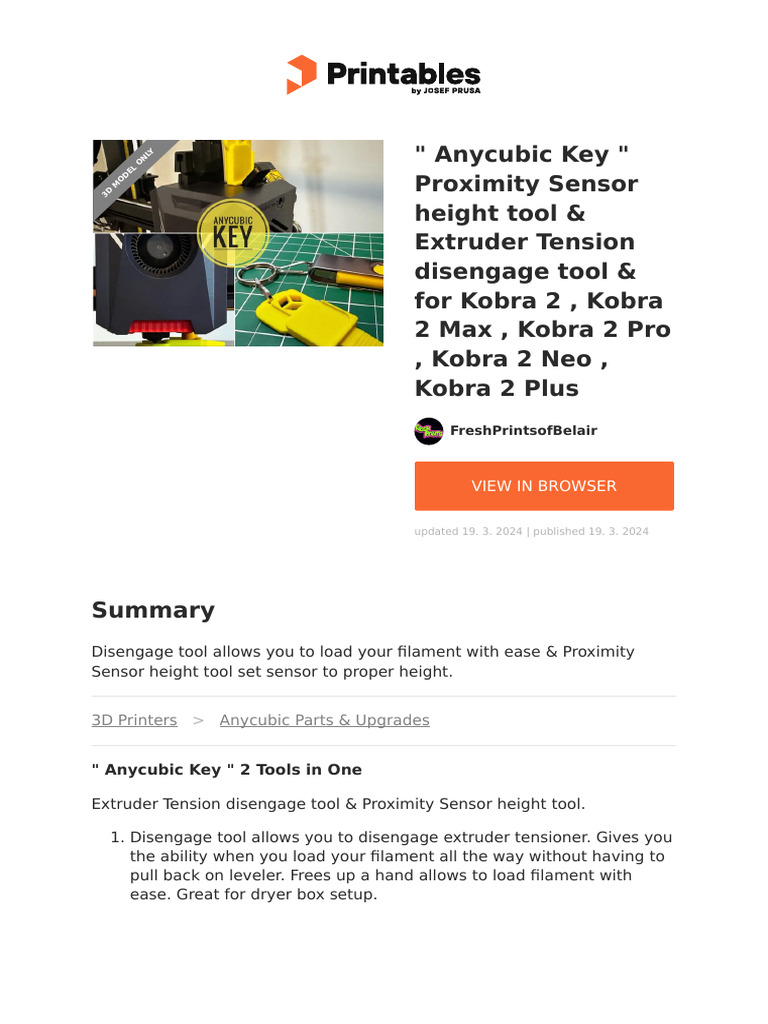 Anycubic Key Proximity Sensor Height Tool Extruder Tension Disengage ...