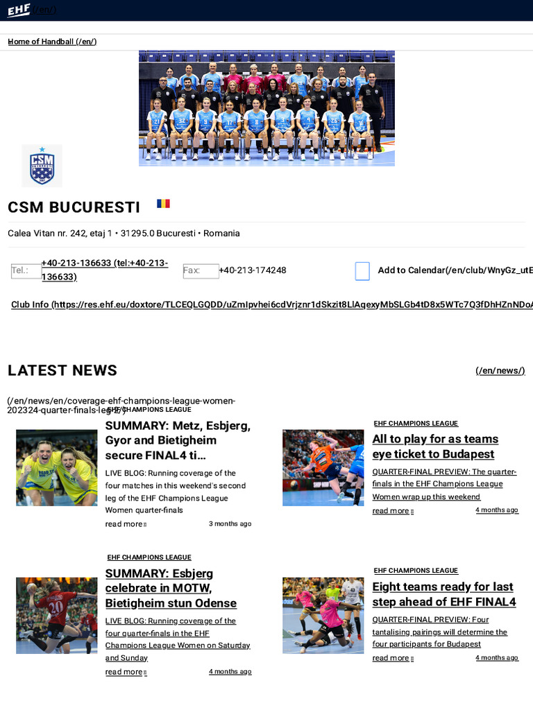 CSM Bucuresti - Players, Team & Season Info EHF. | PDF