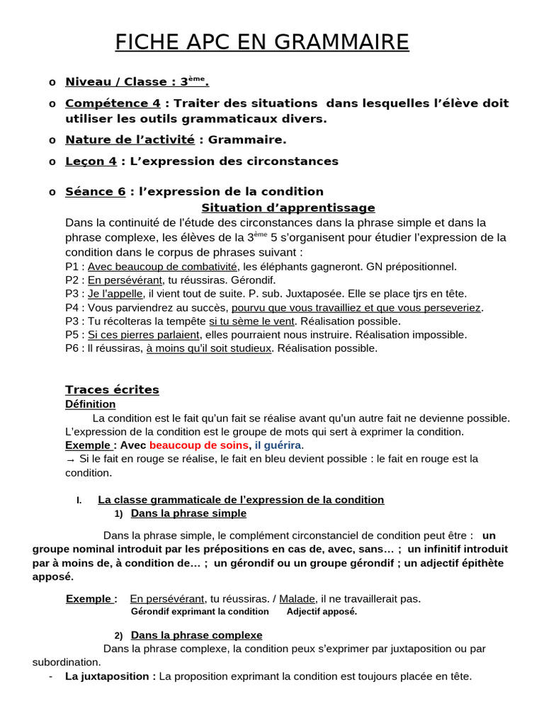 Expression de la condition en grammaire | PDF