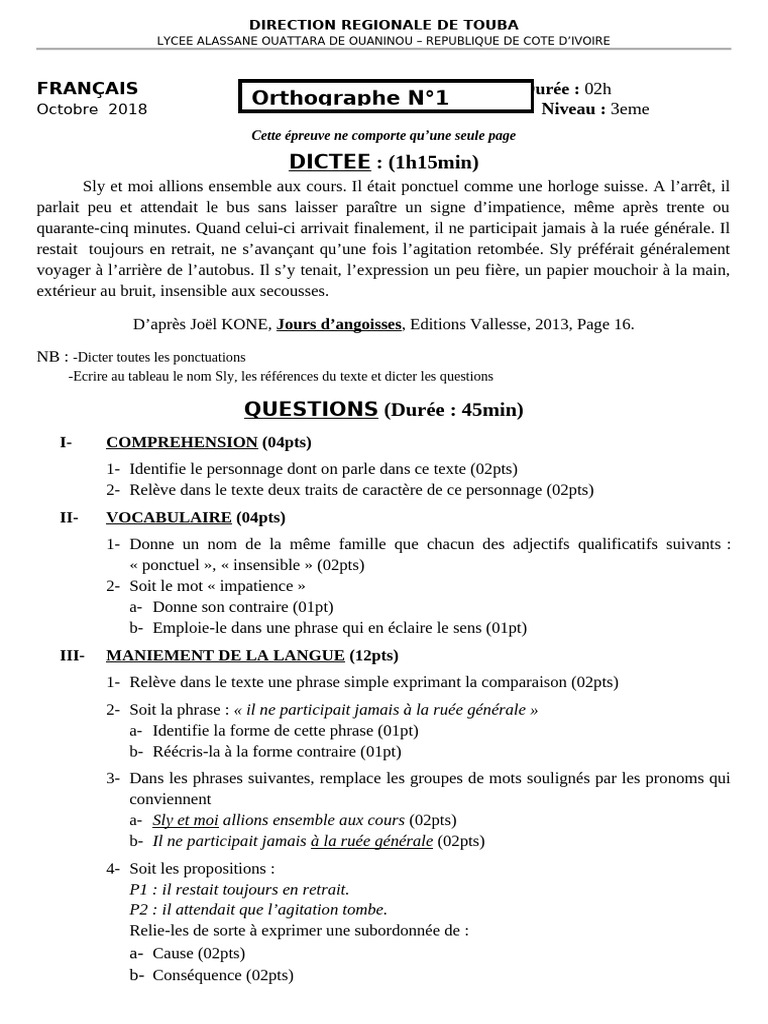 Devoir D'orthographe Classique 3eme N°1 | PDF