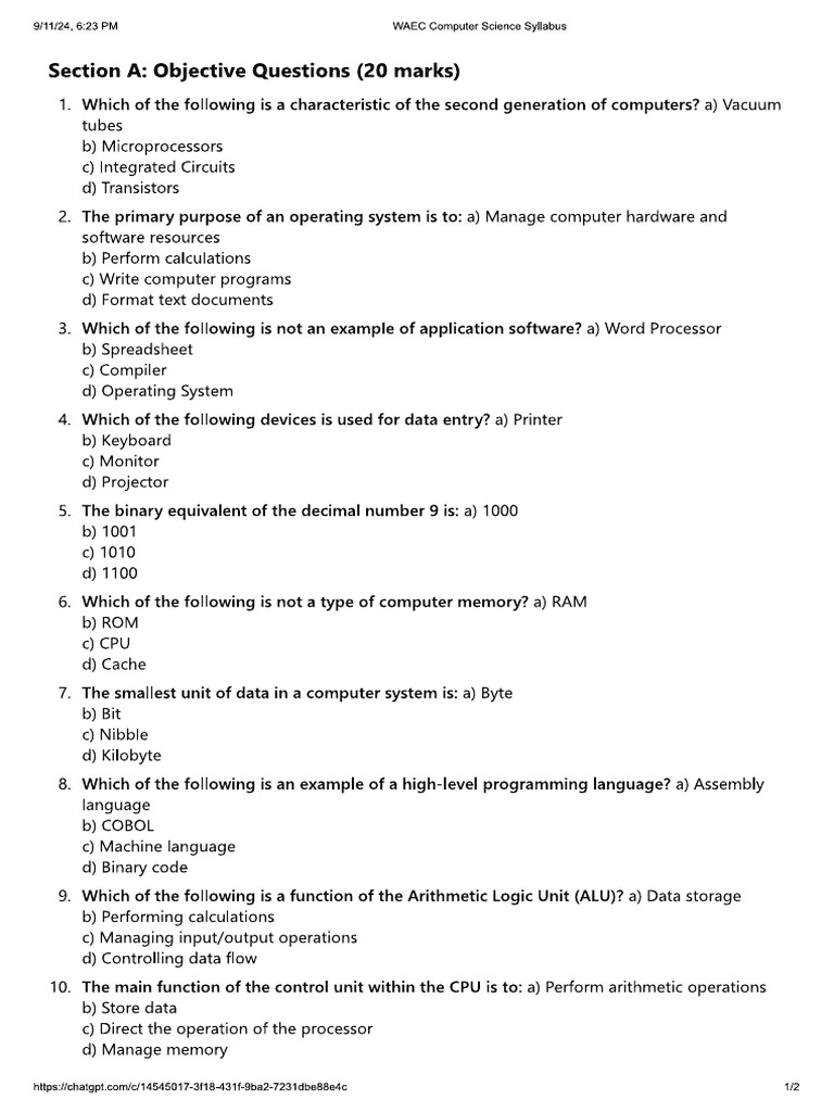 WAEC Computer Science Question 1 | PDF | Computers