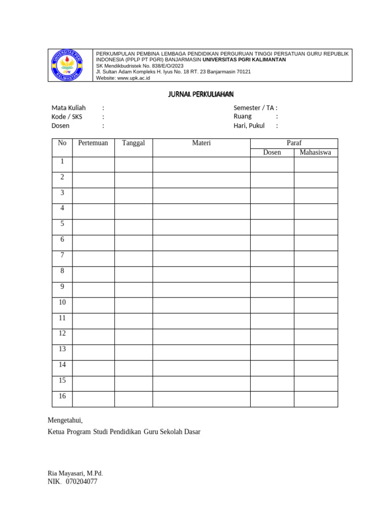 Jurnal Perkuliahan UPK | PDF