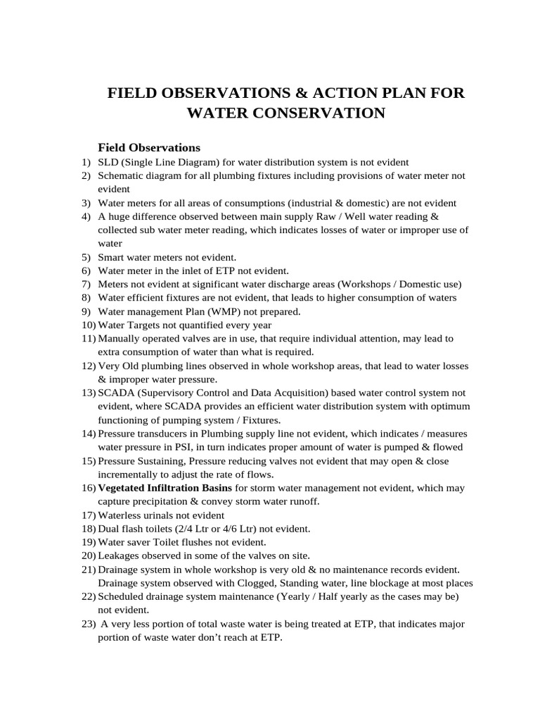 Field Observations & Action Plan For Water Conservation | PDF