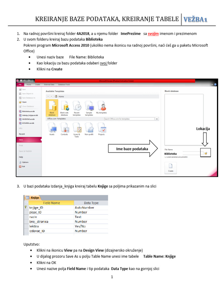 Vezba 1 Access Kreiranje Baze Podataka I Tabele Biblioteka | PDF
