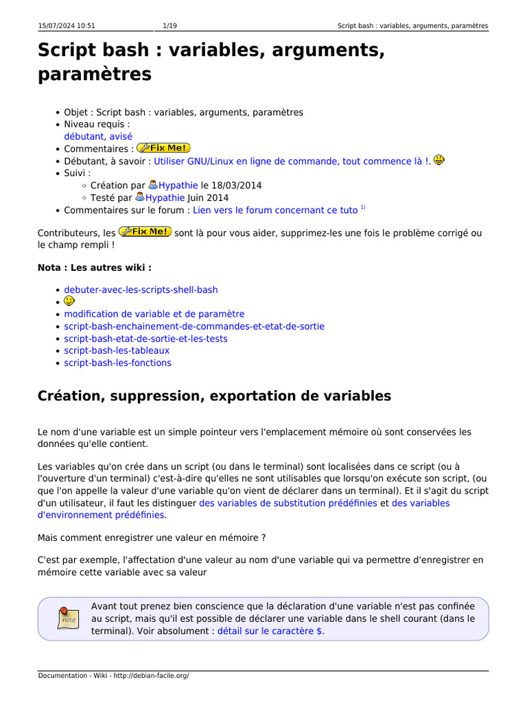 Script Bash Variables Arguments Parametres | PDF