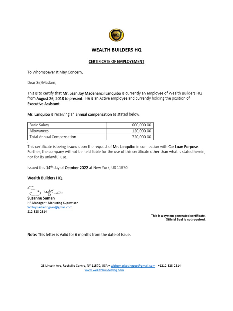 Lean Joy Lanquibo COE and Annual Compensation | PDF