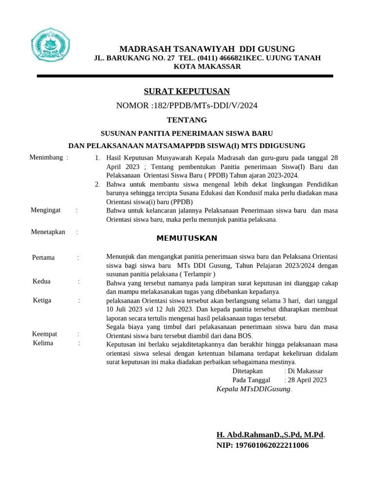 SK Mos PPDB Matsama 2021-2022 | PDF