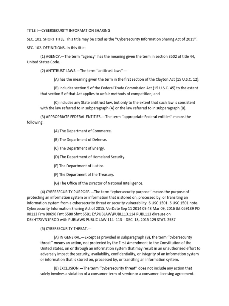 Cybersecurity Information Sharing Act (CISA) | PDF