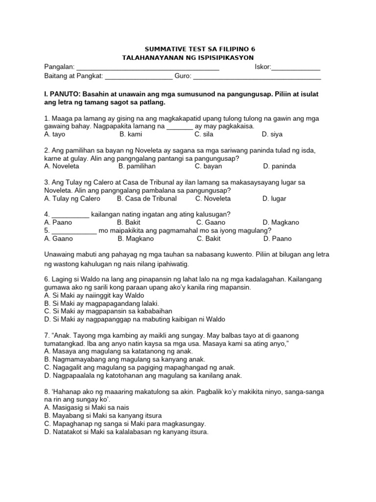 Summative Test Sa Filipino 6... | PDF